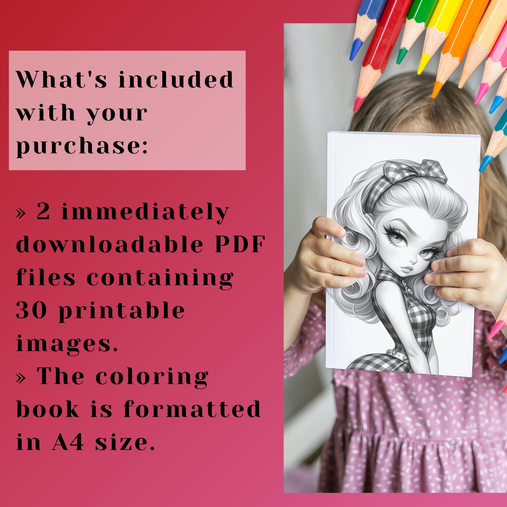 Cute Rockabilly Girl Coloring Book 30 Page Grayscale Coloring Book for ...