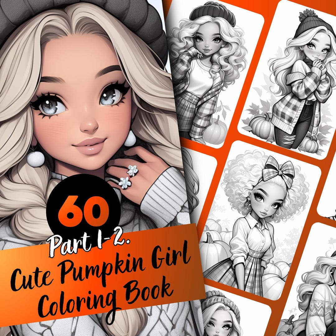 Pumpkin Girl Grayscale Coloring Book – 60 Page Autumn Illustrations ...
