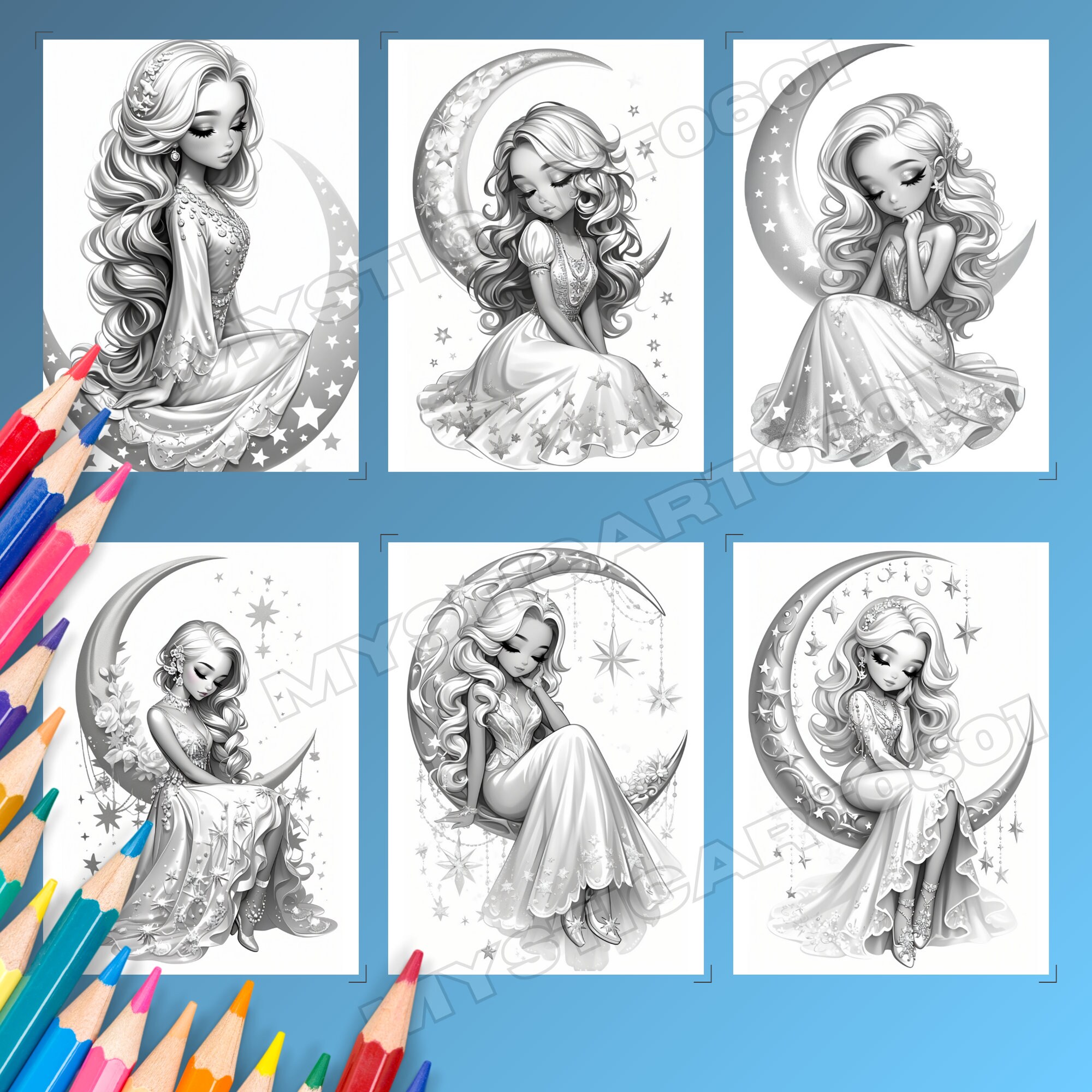 Cute Moon Girl Coloring Book 30 Page Grayscale Coloring Book for Kids ...