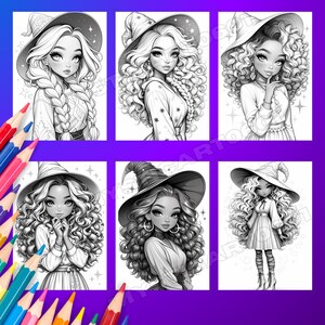 Cute Witch Girl Collection Coloring Book - 60 Page Grayscale Coloring ...