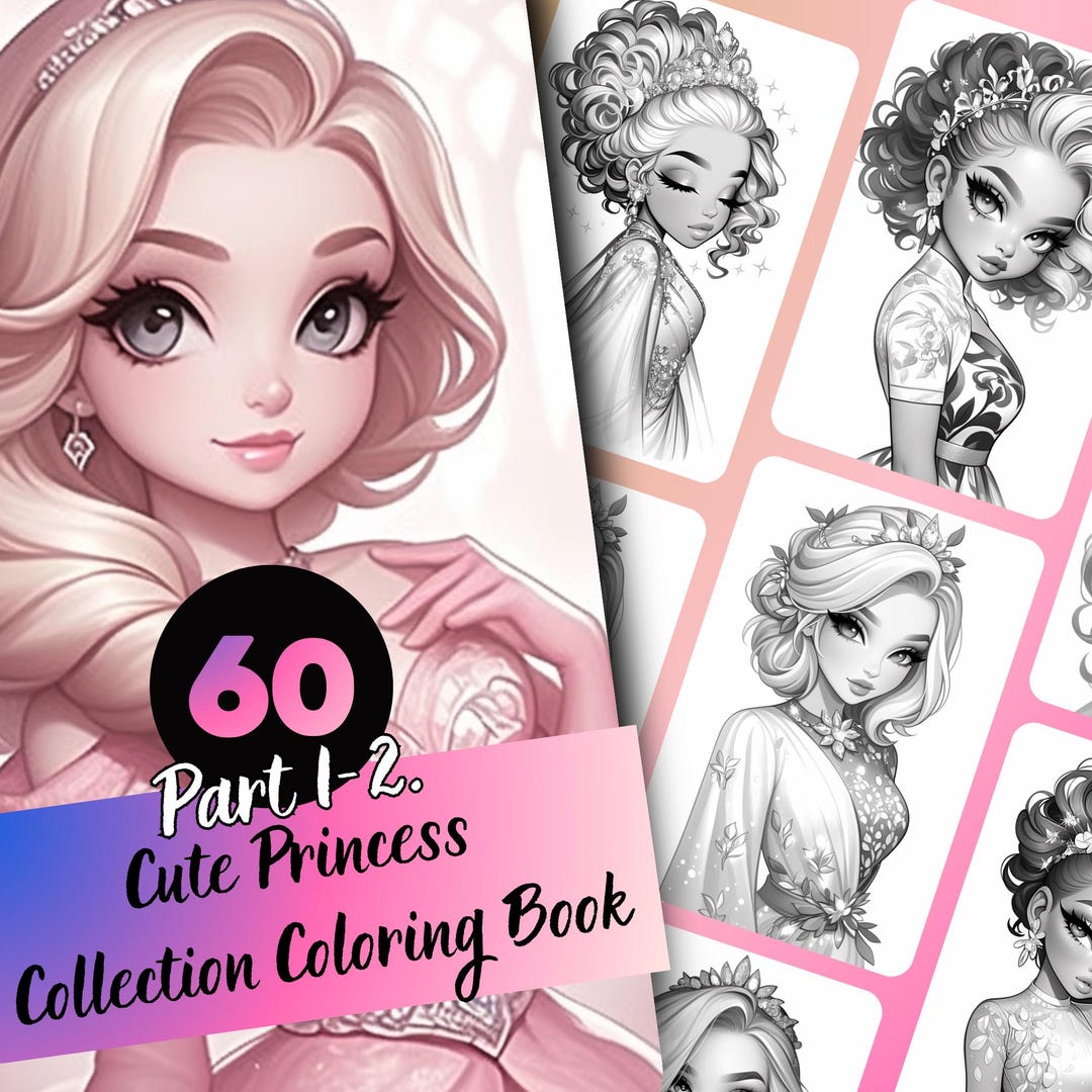 Cute Princess Collection Coloring Book - 60 Page Grayscale Coloring ...