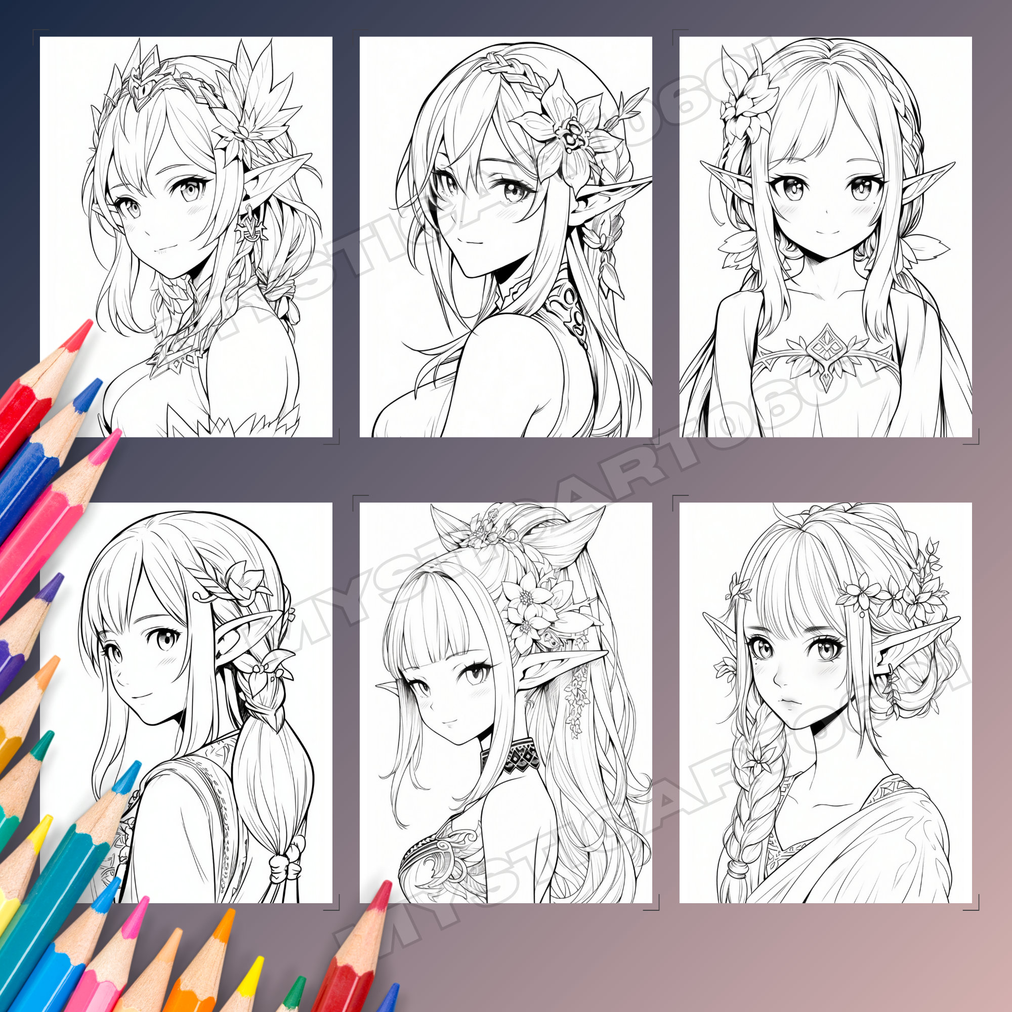 Beautiful Anime Elf Girl Portraits Coloring Book Part 2, 30 Page Anime ...