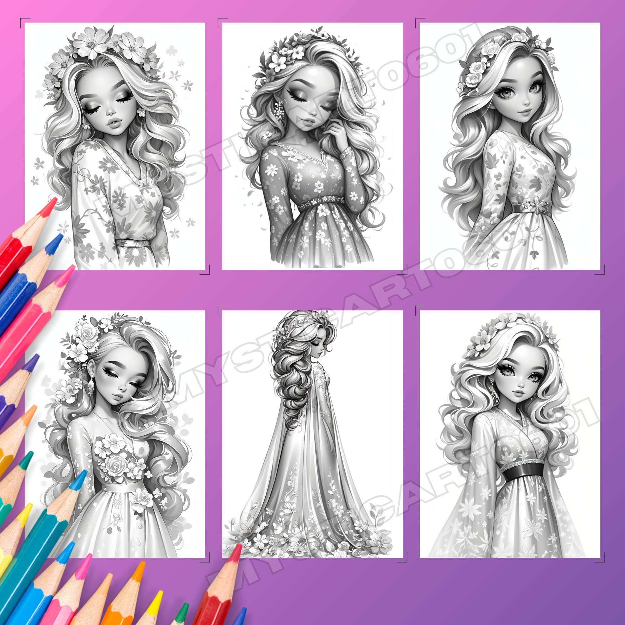 Cute Flower Princess Coloring Book, 30 Pages of Cute Flower Princess ...