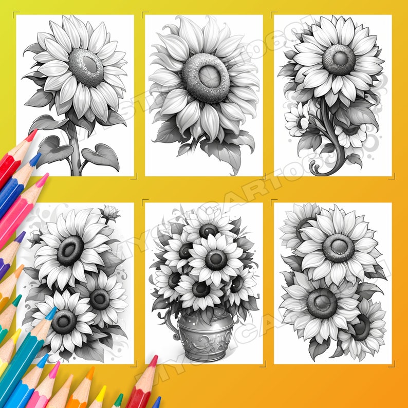 Sunflower Grayscale Coloring Book - 30 Page Floral Art (printable PDF ...