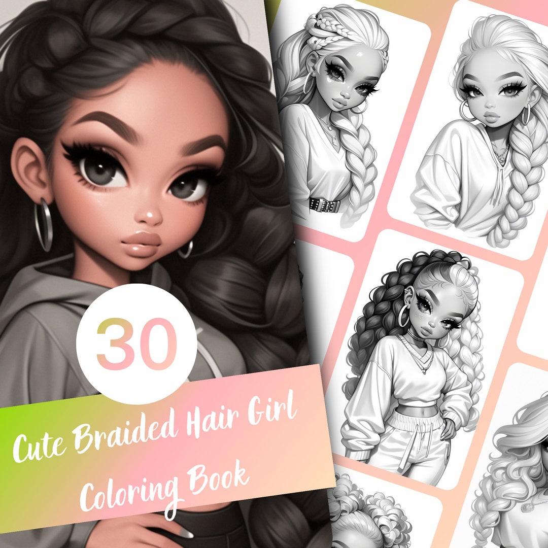 Cute Braided Hair Girl Coloring Book, 30 Pages of Beautiful Braided Hair Girls, Grayscale ...