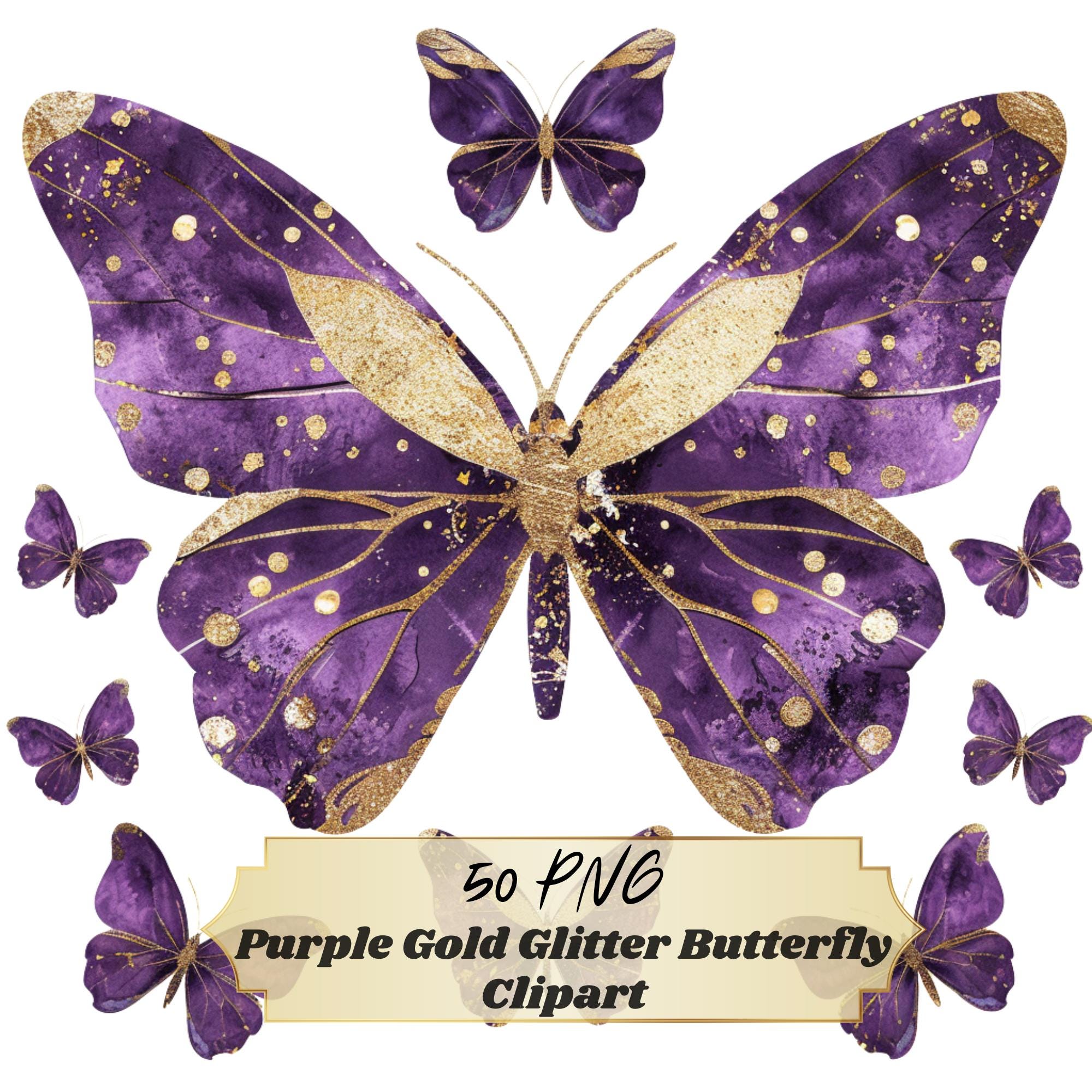 50 Purple Gold Glitter Butterfly Clipart PNG – Transparent Background ...