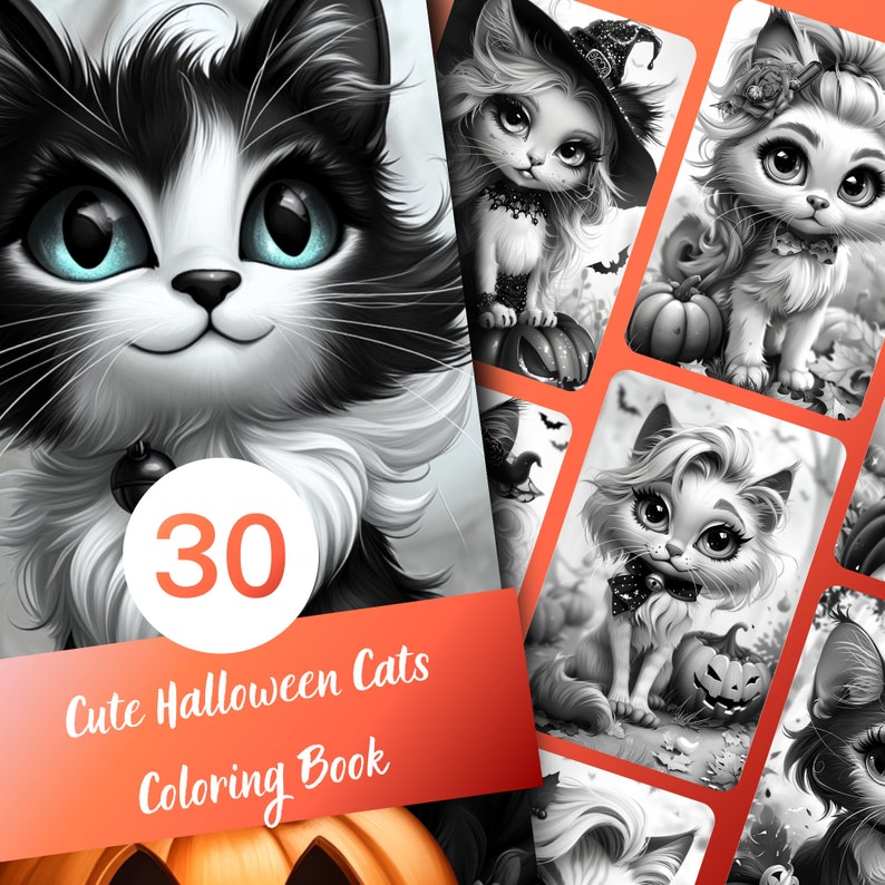 Halloween Cats Grayscale Coloring Book – 30 Page Printable (PDF ...