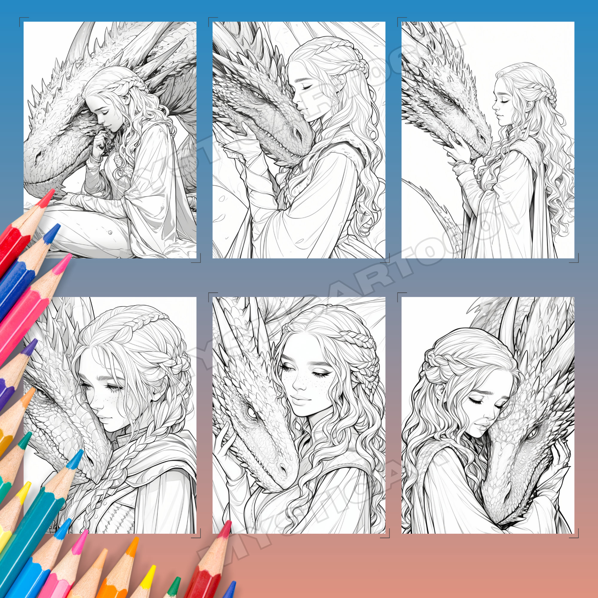 Girl and Dragon Coloring Book, 30 Pages Featuring a Beautiful Girl and ...