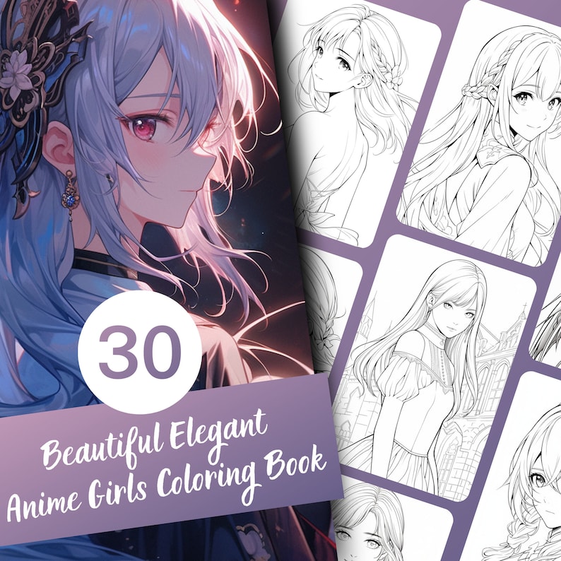 Beautiful Elegant Anime Girls Coloring Book, 30 Page Fantasy Anime Girl ...