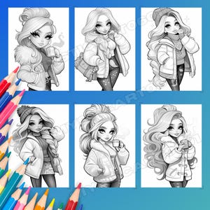 Cute Puffer Jacket Fashion Girl Coloring Book 30 Page Grayscale ...