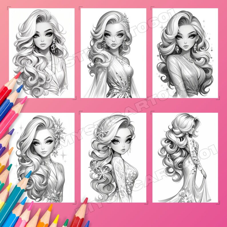 Evening Dress Coloring Book – 30 Page Grayscale Girls (printable PDF ...