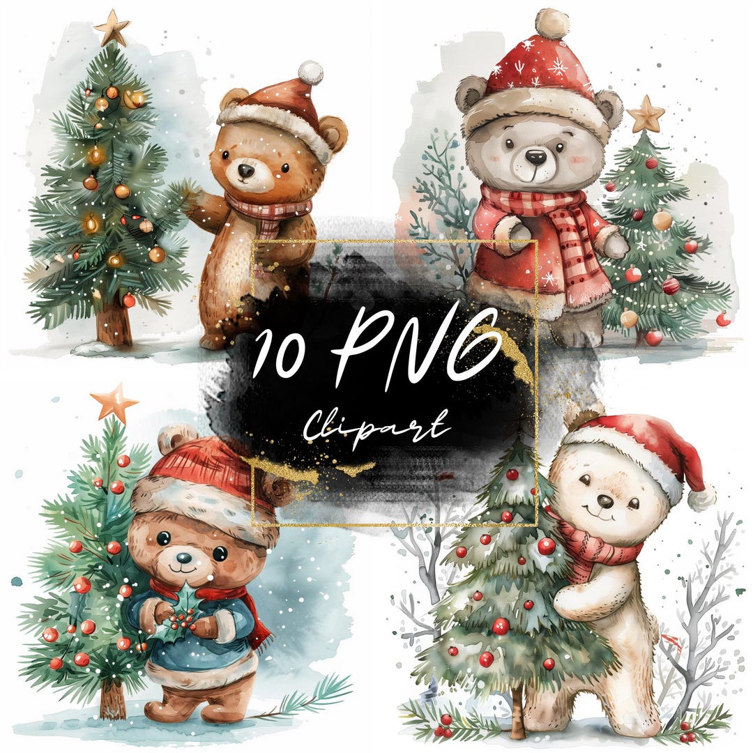 Watercolor Christmas Bear Clipart,cute Bear With Christmas Tree ...