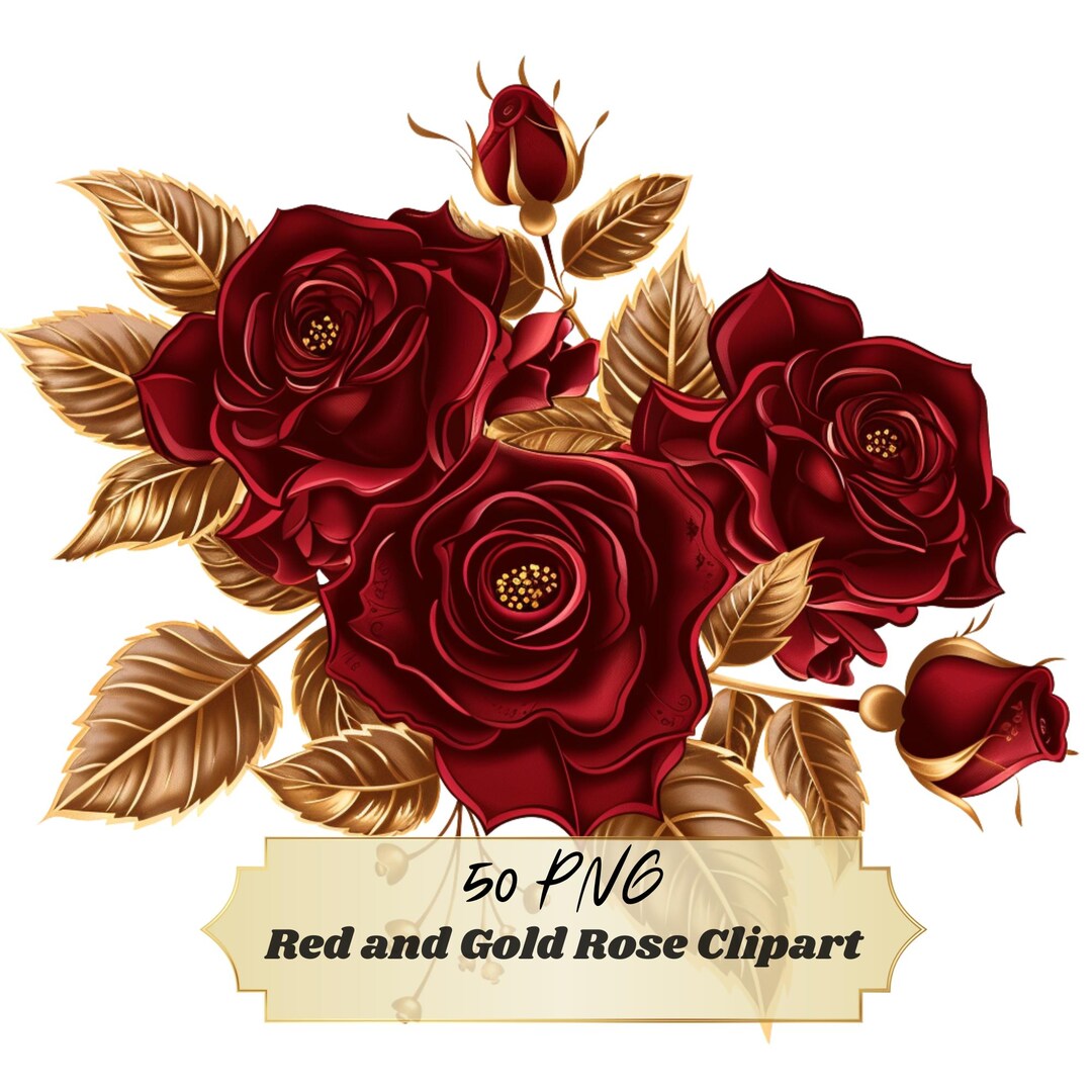 Red Gold Watercolor Rose Clipart PNG Bundle – 50 Luxury Floral Roses ...