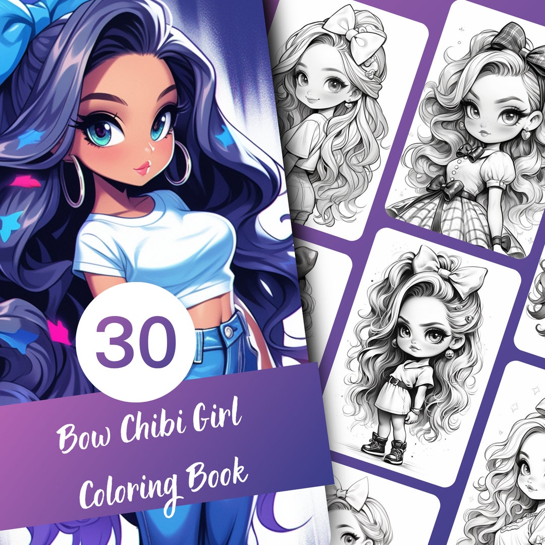 Bow Chibi Girl Coloring Book,30 Pages of Cute Chibi Girls With Bows in ...