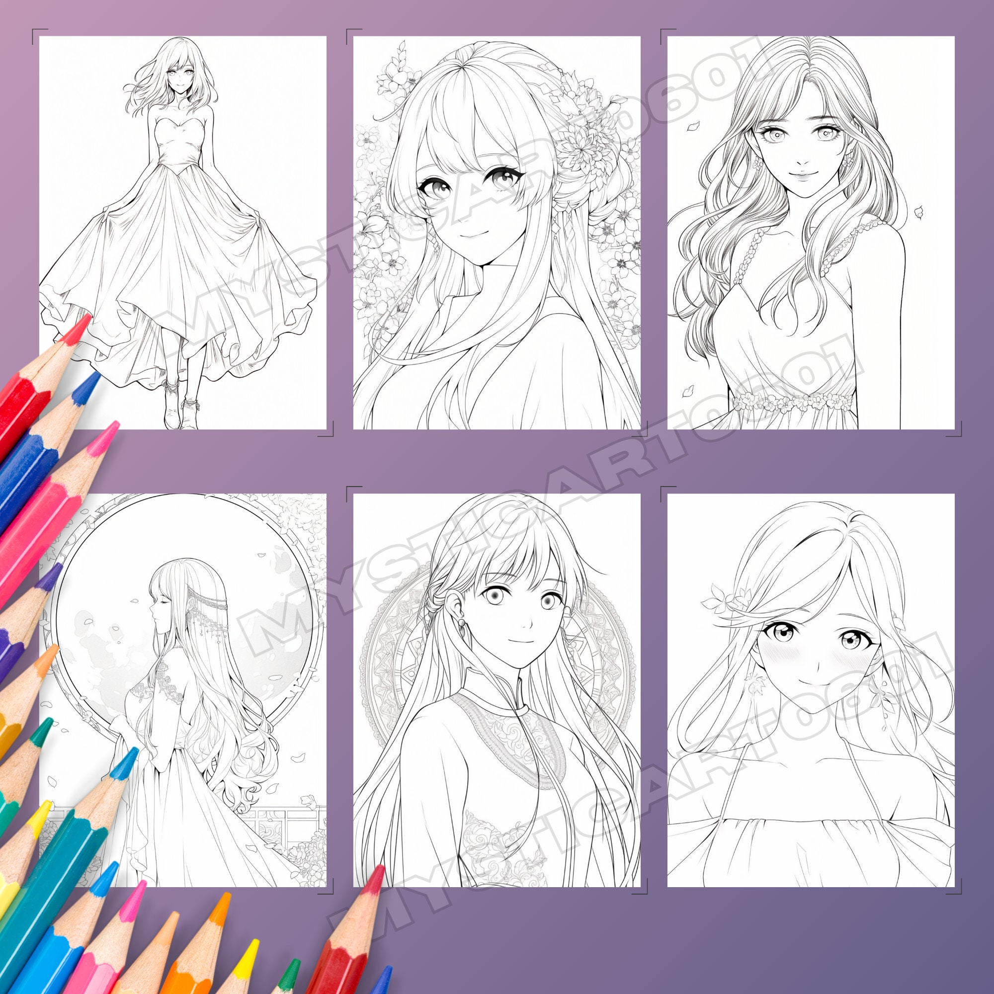 Beautiful Elegant Anime Girls Coloring Book, 30 Page Fantasy Anime Girl ...