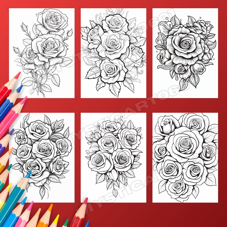 Roses Coloring Book for Adults and Teens, 30 Grayscale Floral Coloring ...