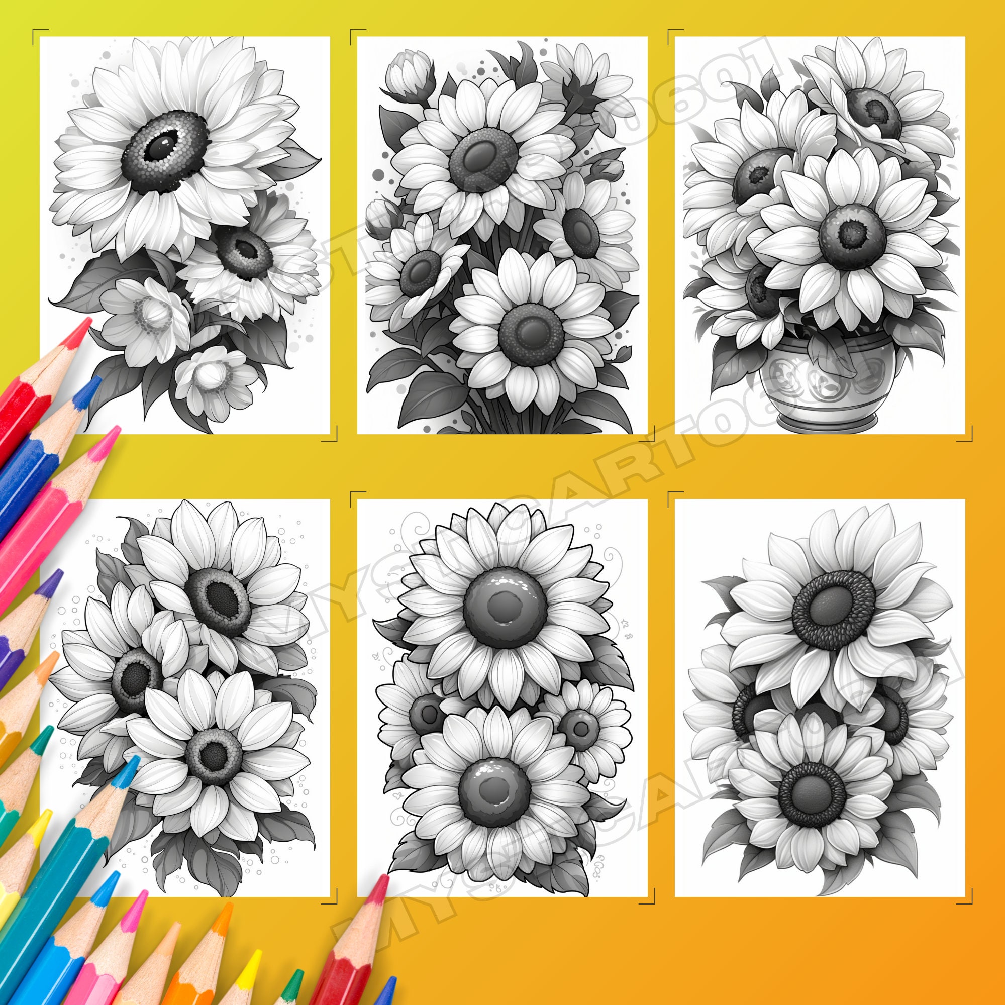 Sunflower Grayscale Coloring Book - 30 Page Floral Art (printable PDF ...