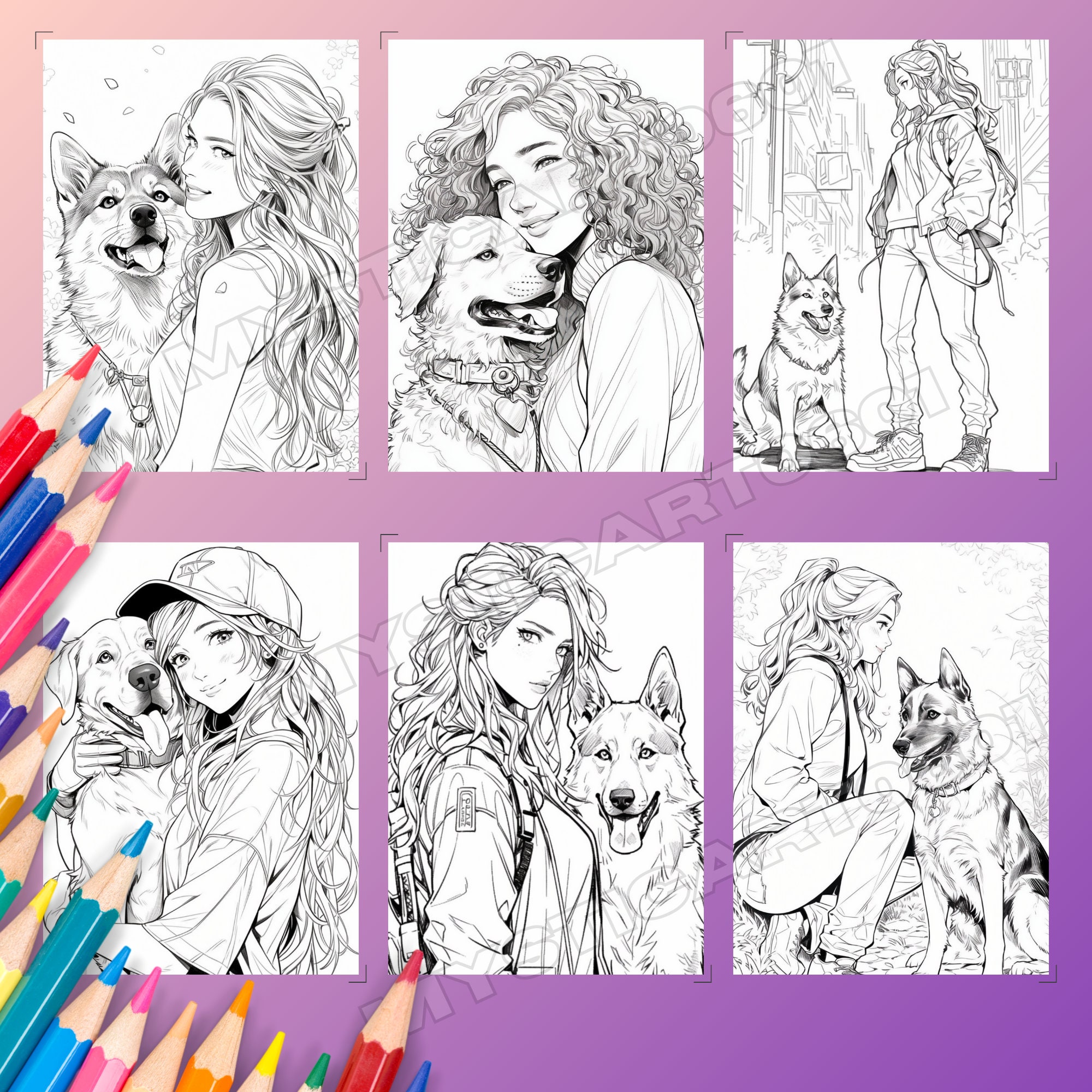 Beautiful Girl With Her Dog Coloring Book, 30 Pages Girl and Her Dog ...