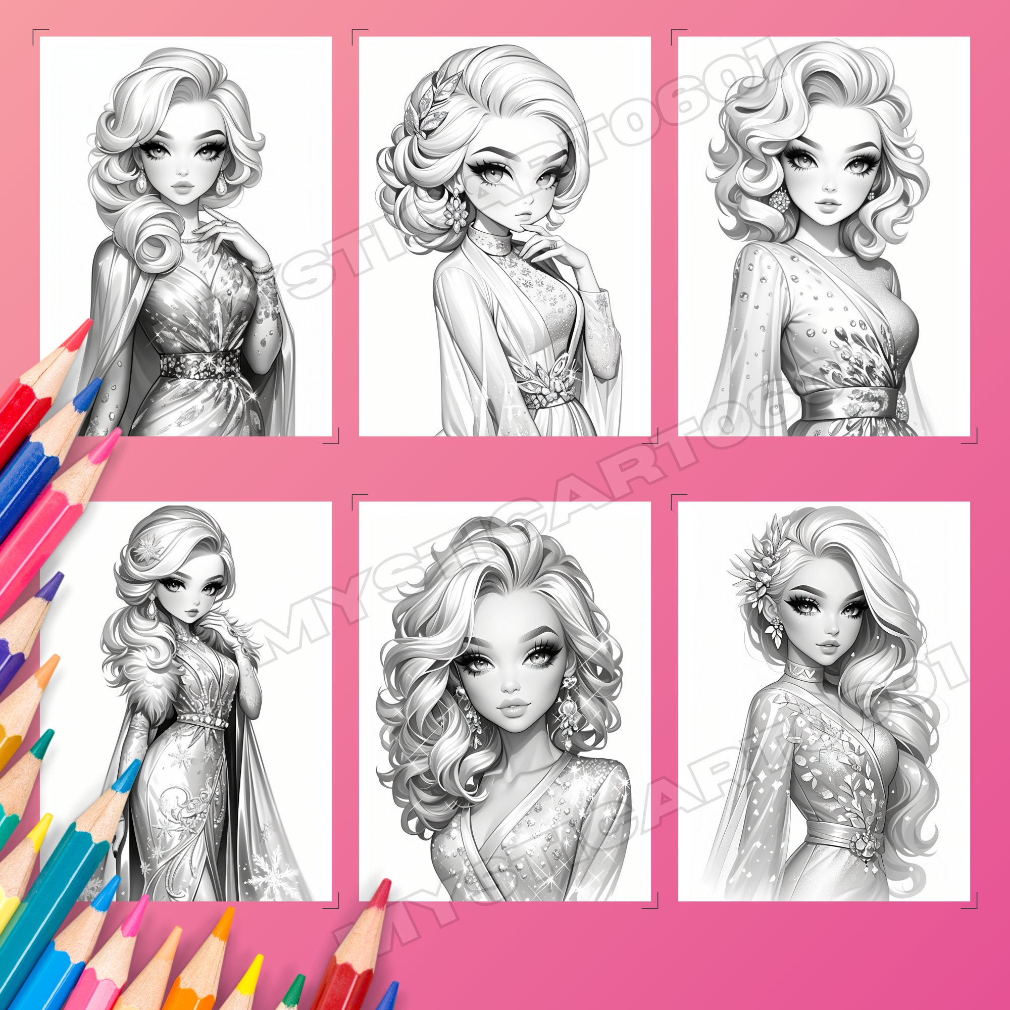 Cute Girl in Evening Dress Coloring Book, 30 Pages of an Adorable and ...