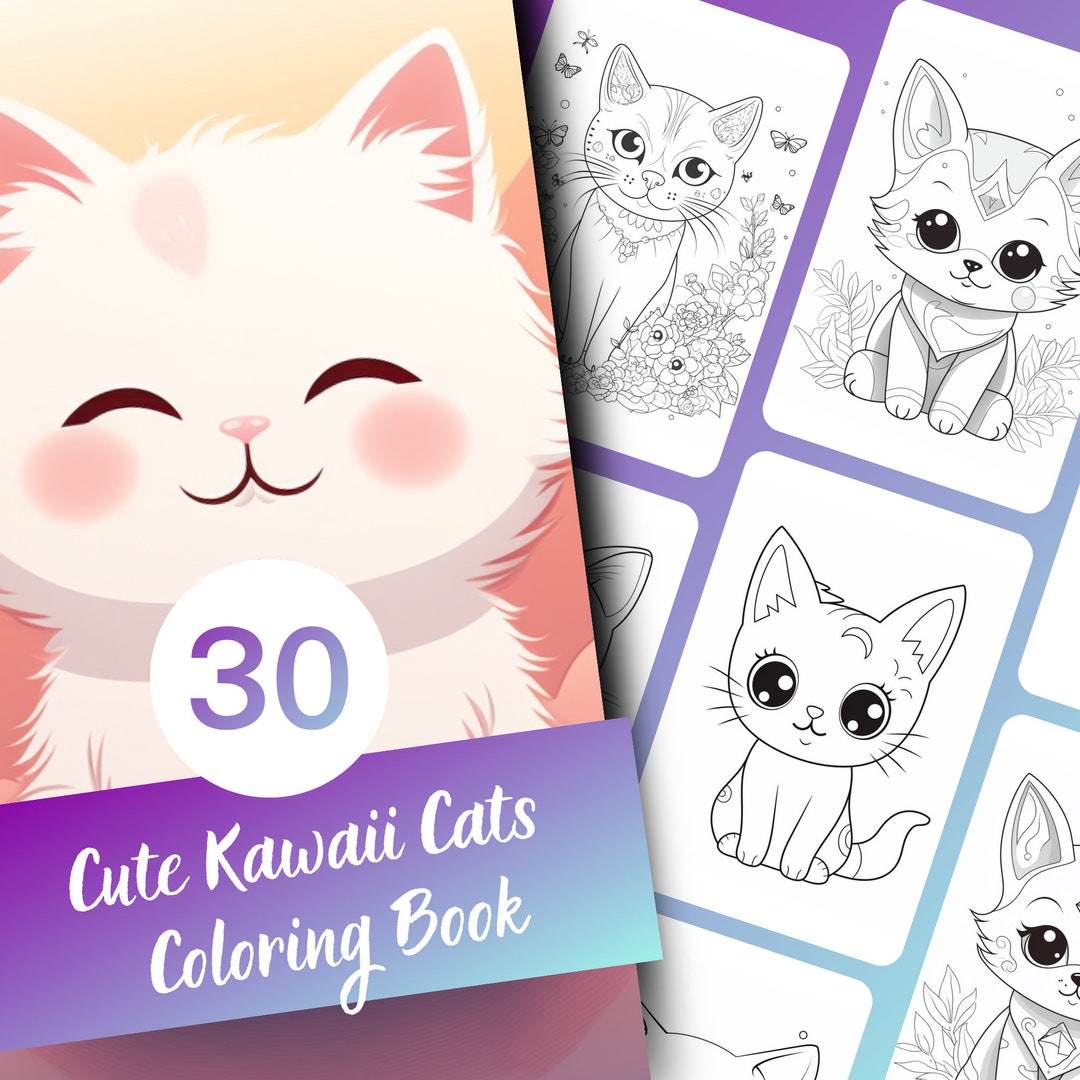 Cute Kawaii Cats Coloring Book, 30 Pages of Cute Kawaii Cat Coloring ...