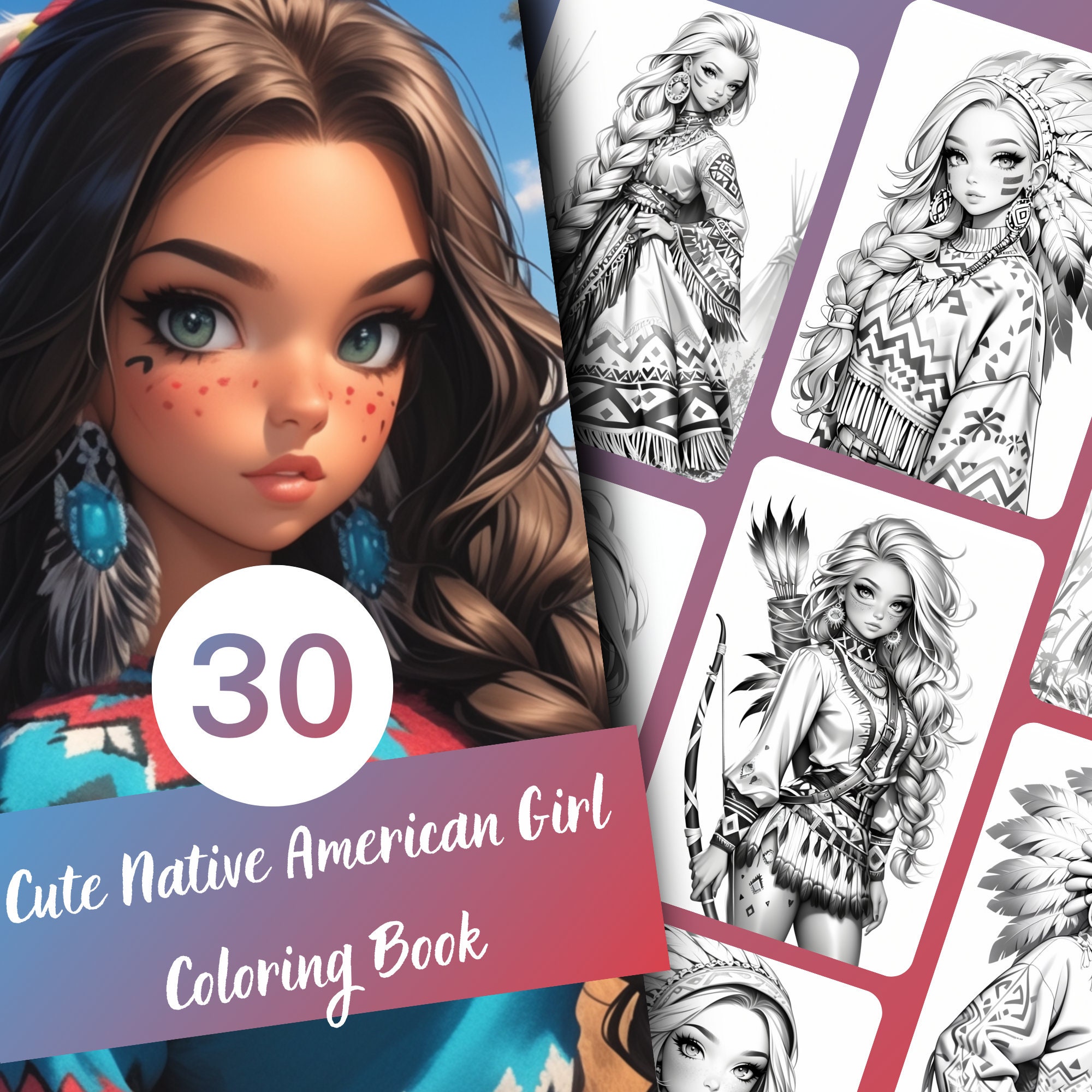 Cute Native American Girl Coloring Book, 30 Pages of Adorable Native ...