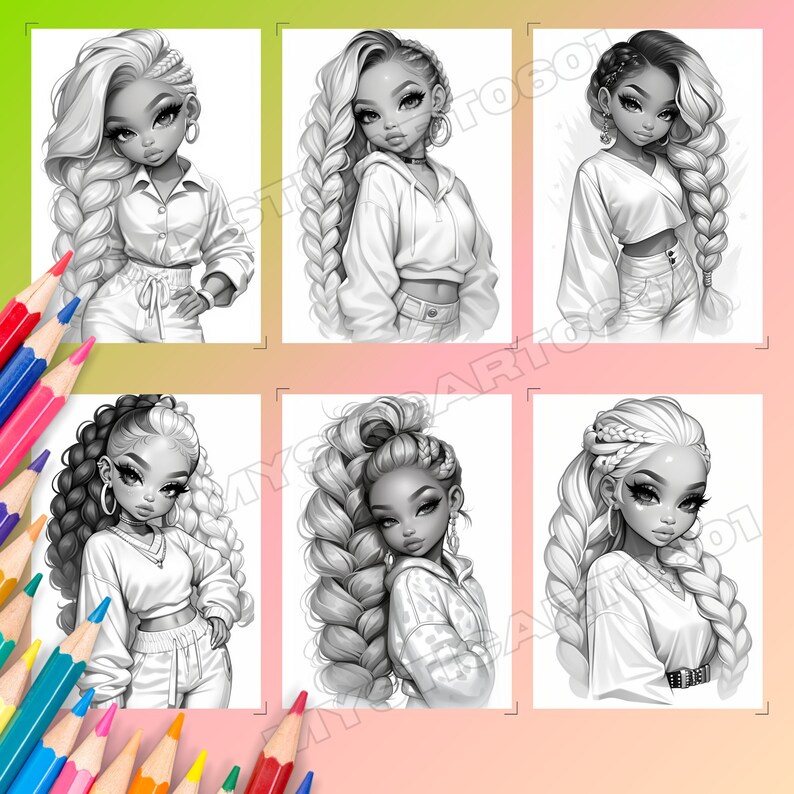 Cute Braided Hair Girl Coloring Book, 30 Pages of Beautiful Braided Hair Girls, Grayscale ...