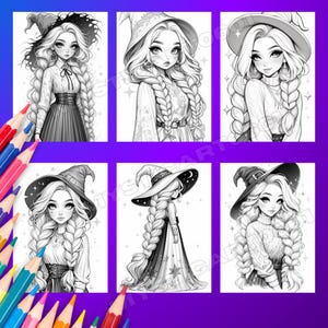 Cute Witch Girl Collection Coloring Book - 60 Page Grayscale Coloring ...