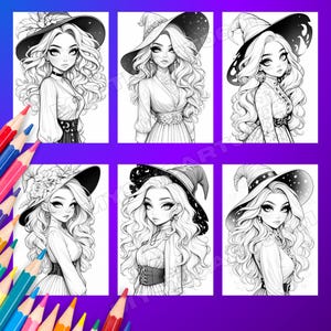 Cute Witch Girl Coloring Book - 30 Page Grayscale Coloring Book for ...