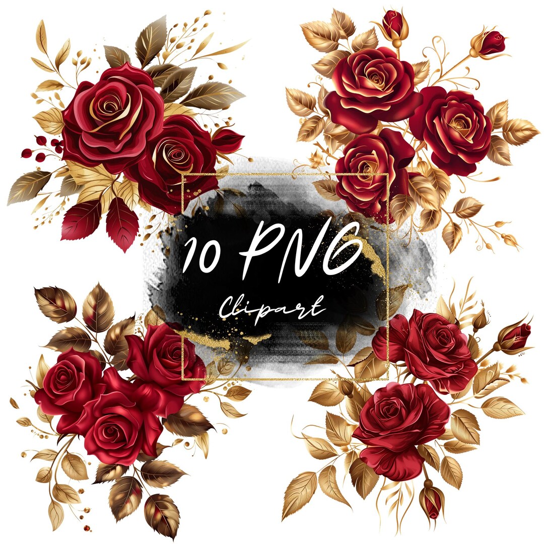 Red Gold Rose Floral Clipart - 10 PNG Gold Rose Floral Illustrations ...