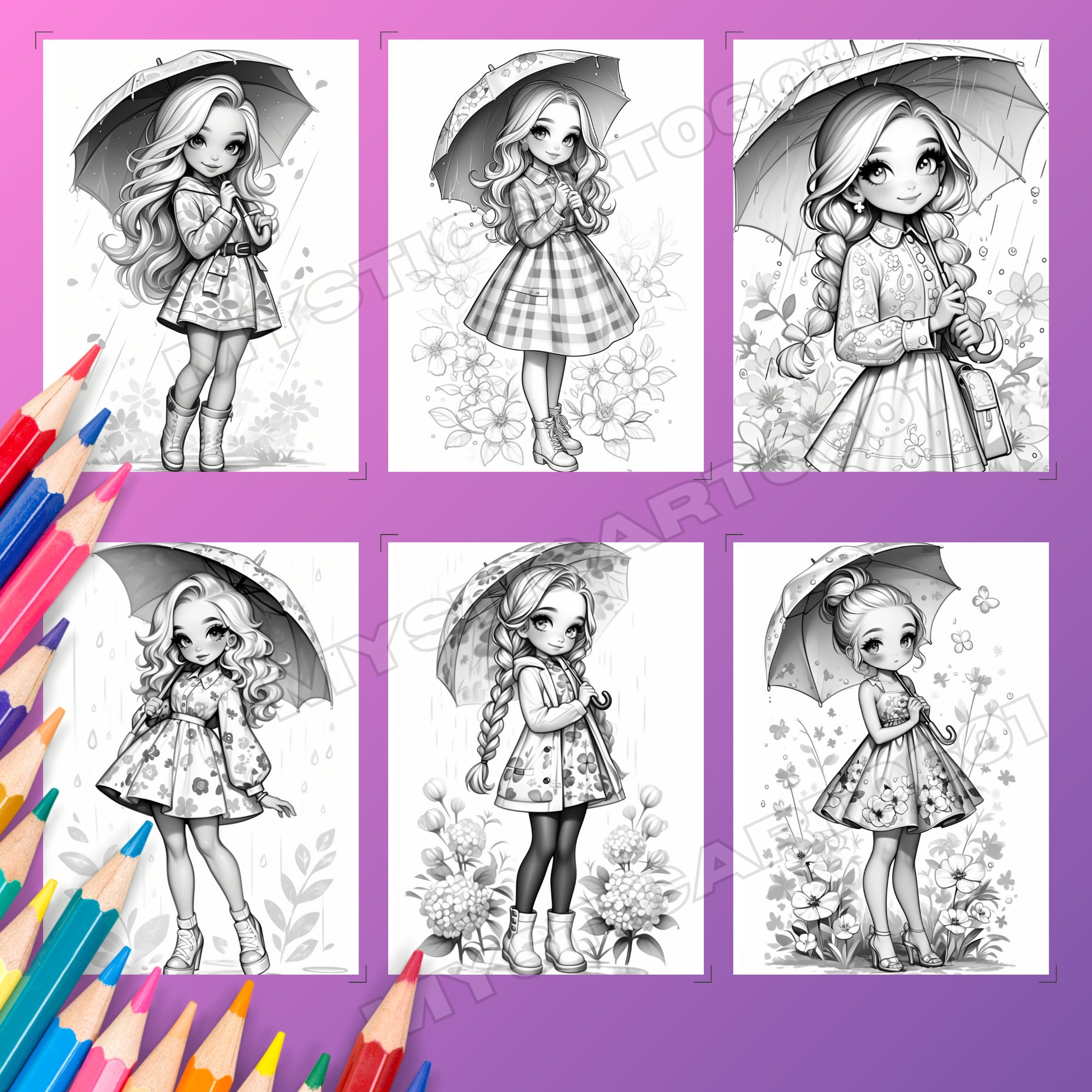 Cute Girl in Spring Rain Coloring Book - 30 Page Grayscale Coloring ...