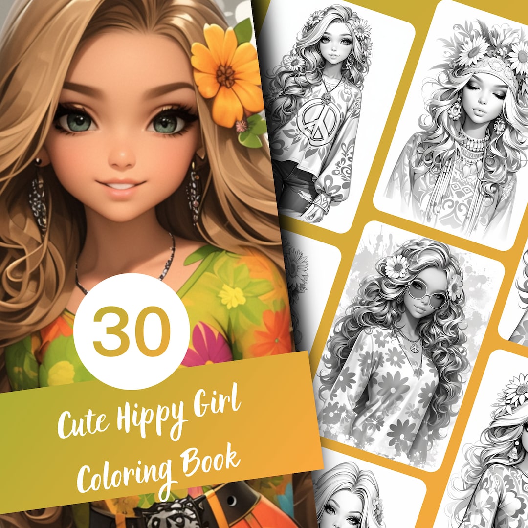 Cute Hippy Girl Coloring Book - 30 Page Grayscale Coloring Book for ...