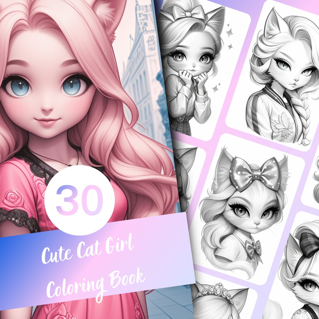 Cute Cat Girl Coloring Book 30 Page Grayscale Coloring Book for Kids ...