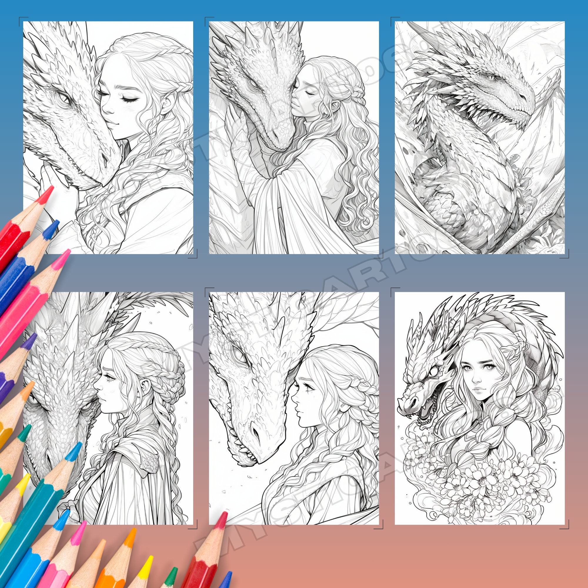 Girl and Dragon Coloring Book, 30 Pages Featuring a Beautiful Girl and ...