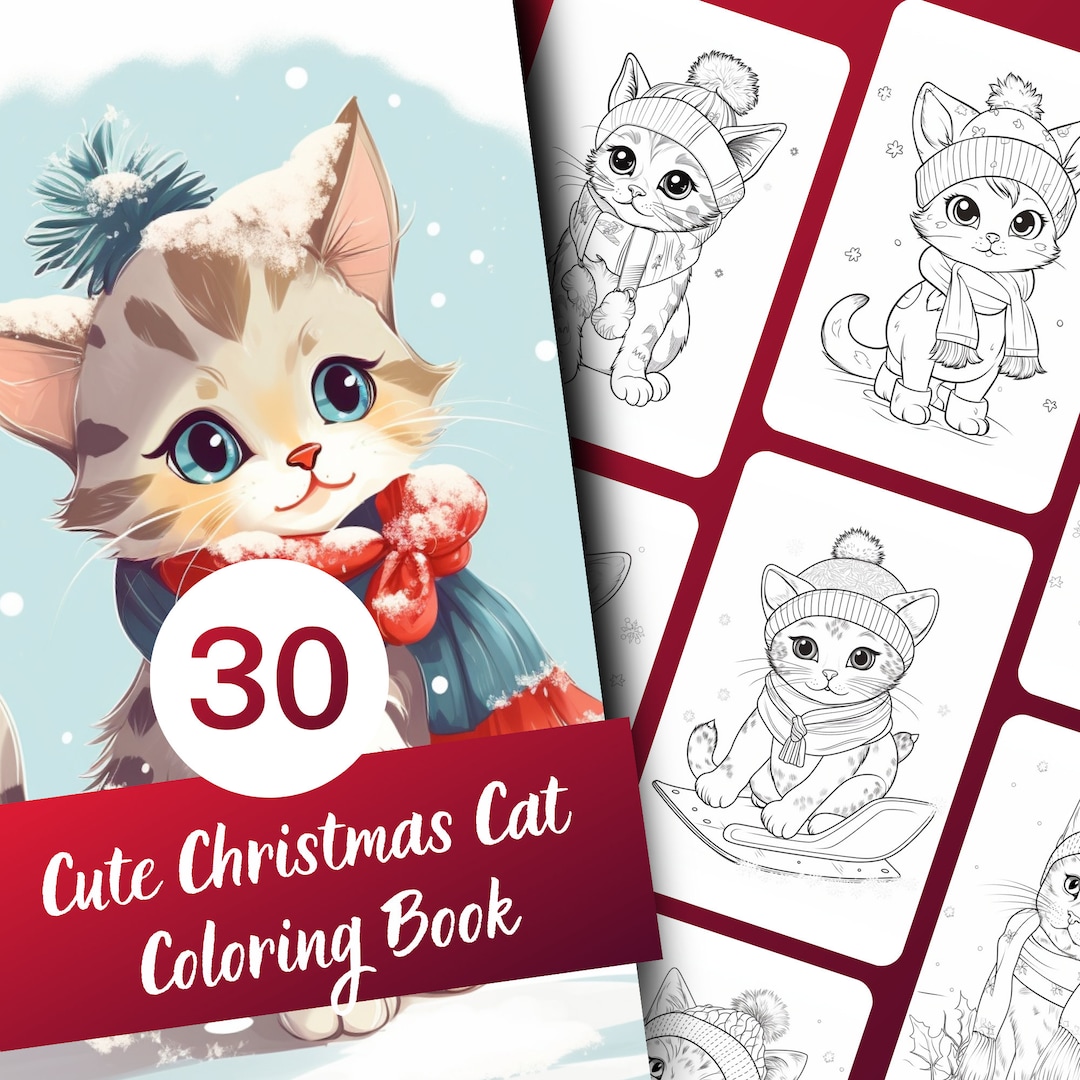Cute Christmas Cat Coloring Book, 30 Page Cute Kitten in Christmas ...