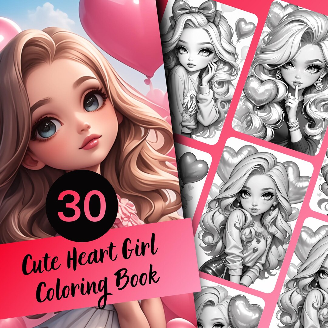Heart Girl Coloring Book – 30 Grayscale Pages (printable PDF) - Etsy