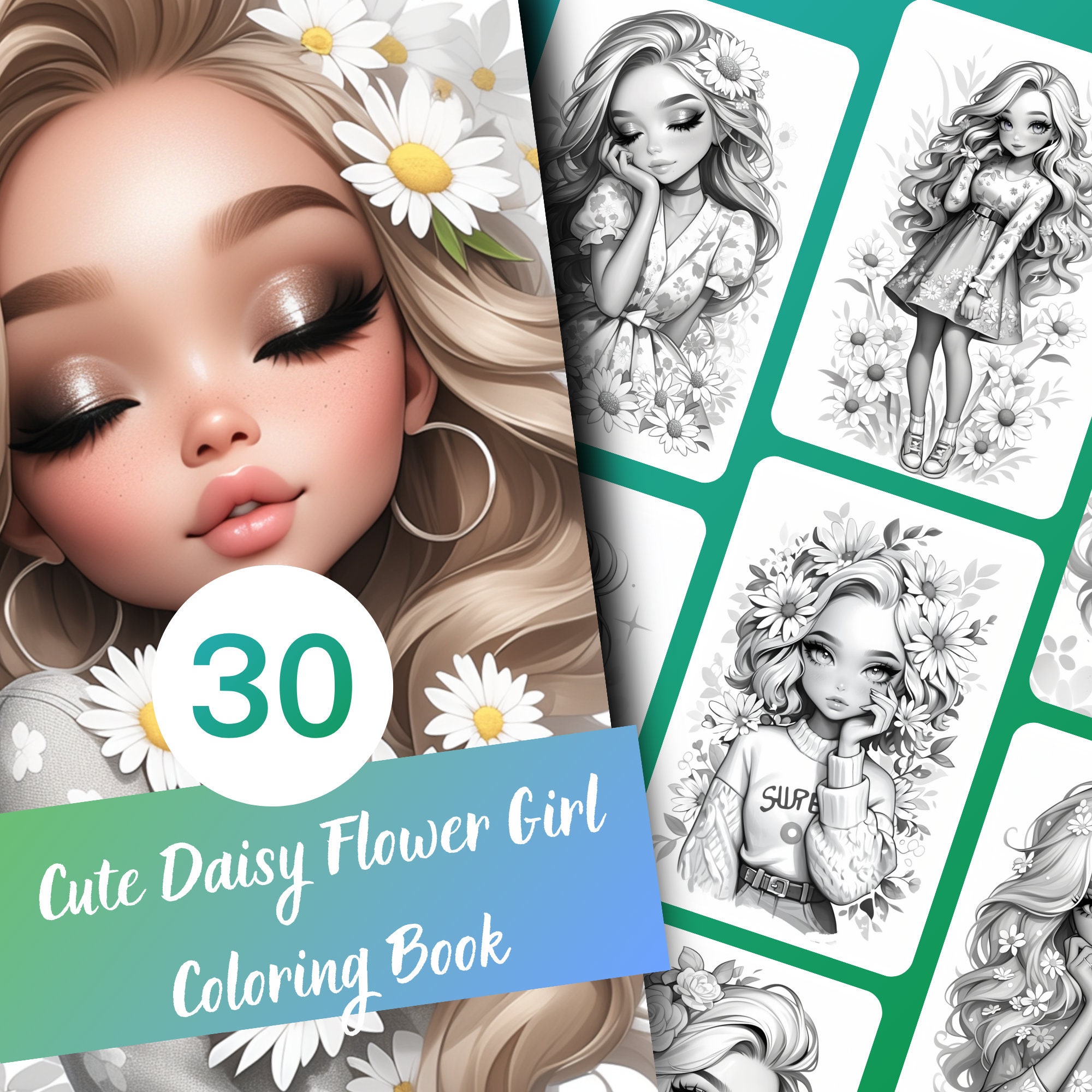 Cute Daisy Flower Girl Coloring Book 30 Page Grayscale Coloring Book ...