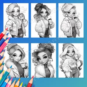 Cute Puffer Jacket Fashion Girl Coloring Book 30 Page Grayscale ...