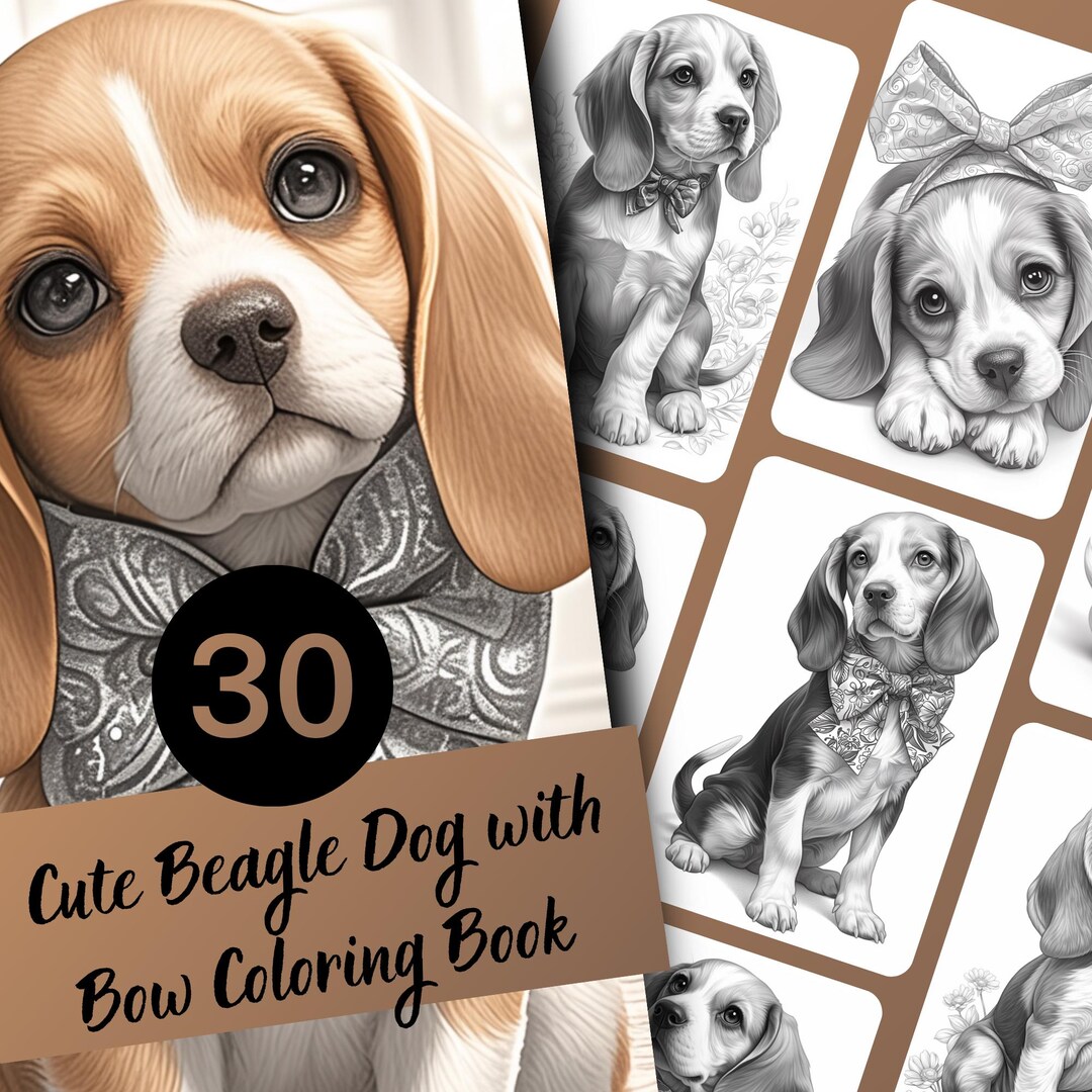 Cute Beagle Dog With Bow Coloring Book - 30 Page Grayscale Coloring ...