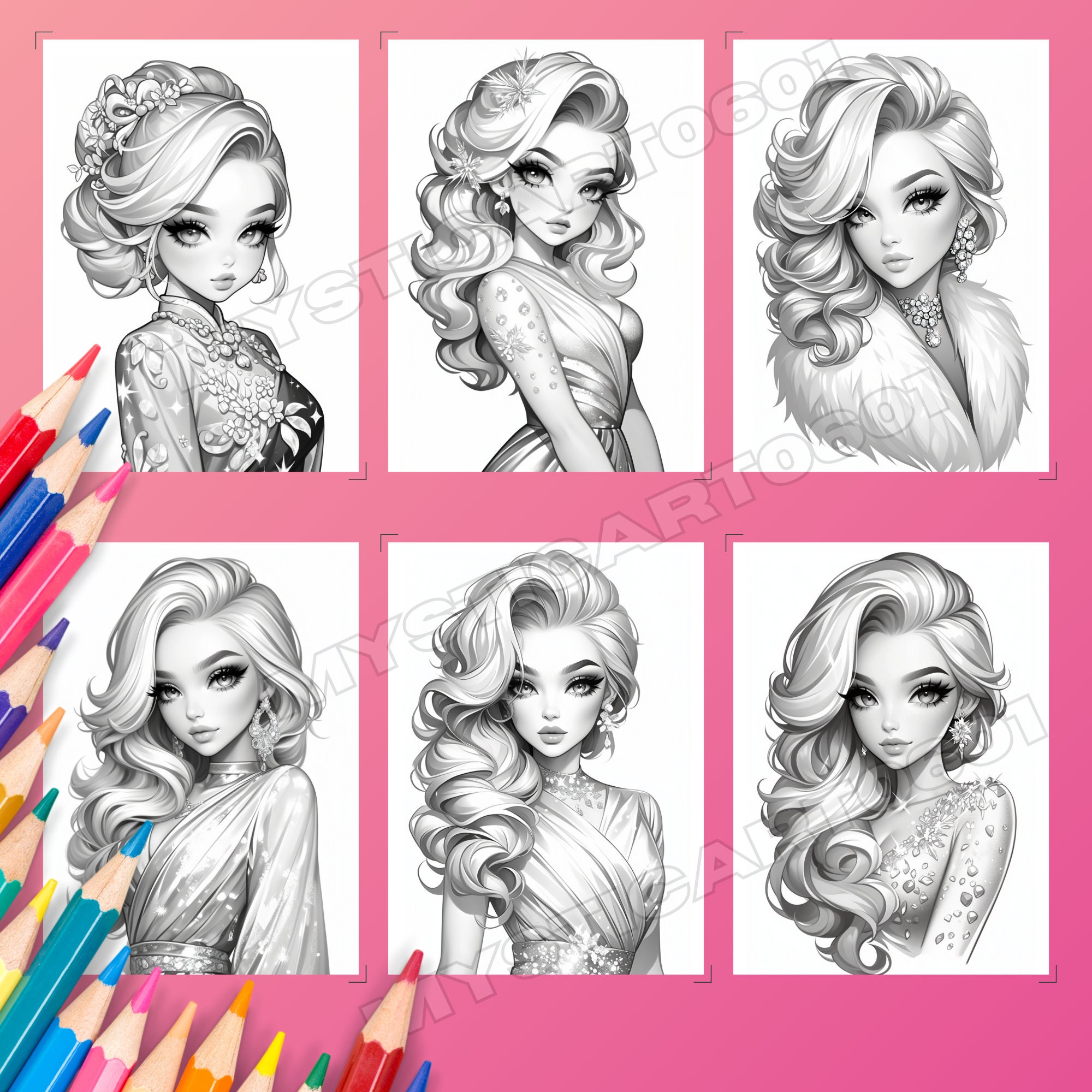 Cute Girl in Evening Dress Coloring Book, 30 Pages of an Adorable and ...