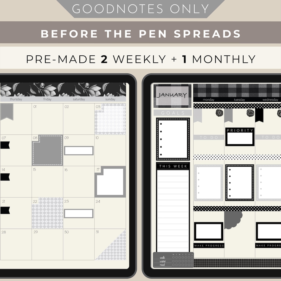 Instant Greyscale Spreads for Goodnotes Planner | Monthly Weekly ...