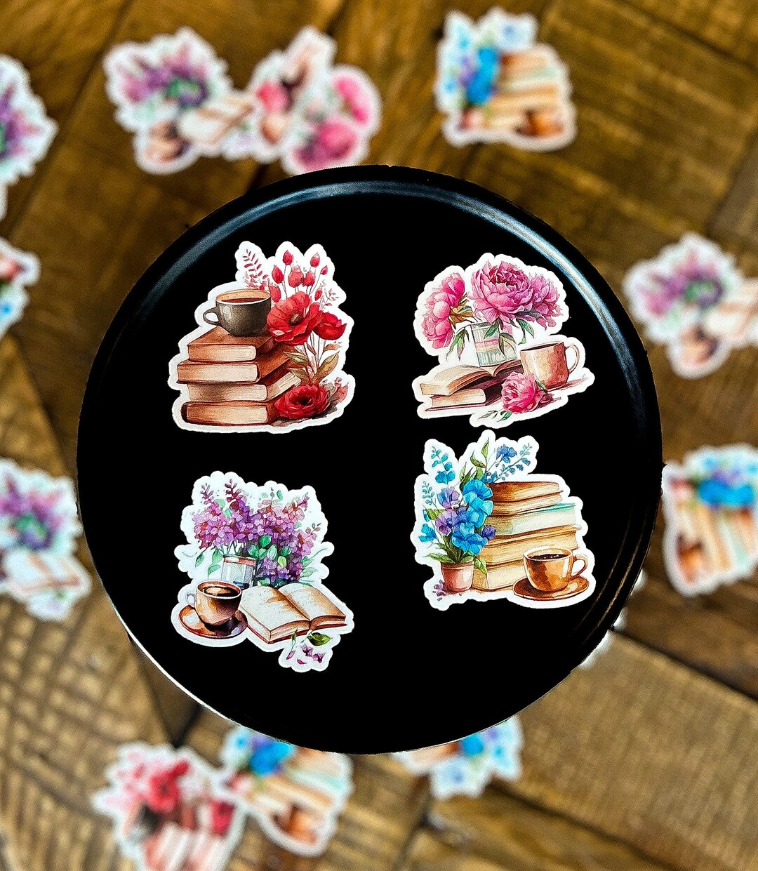 Floral Book and Coffee Vinyl Sticker | Stack of Books Red Poppies Pink ...