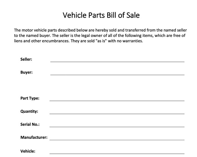 Vehicle Parts Bill of Sale | Used Parts Engine Sale Contract | Part ...