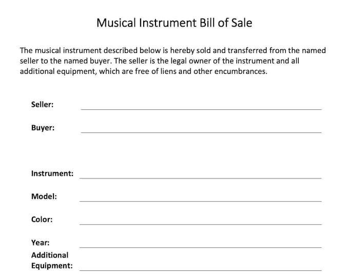 Musical Instrument Bill of Sale | Guitar Drums Piano Keyboard Sale ...