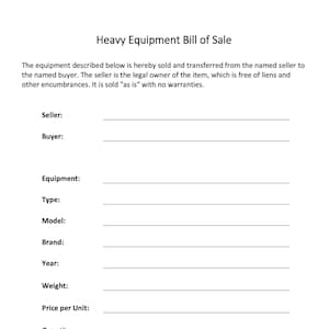 Equipment Bill of Sale Heavy Machinery Sale Contract Commercial Parts ...