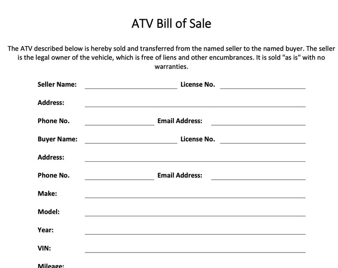 ATV Bill of Sale | Four Wheeler Snowmobile Sale Contract | Auto ...