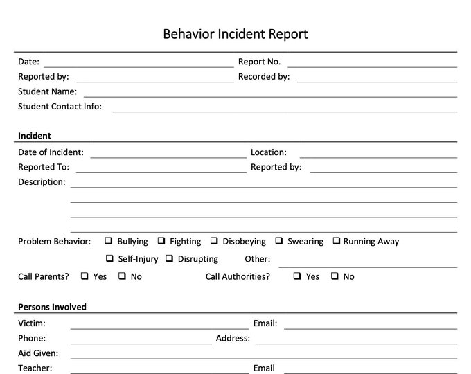 Behaviour Incident Report Office School Business Company Behaviour ...