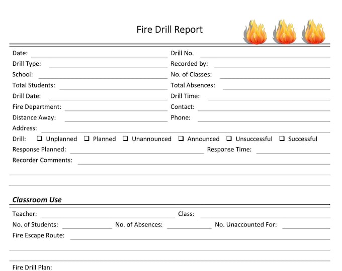 Fire Drill Report | School Office Business Company Fire Drill Form ...