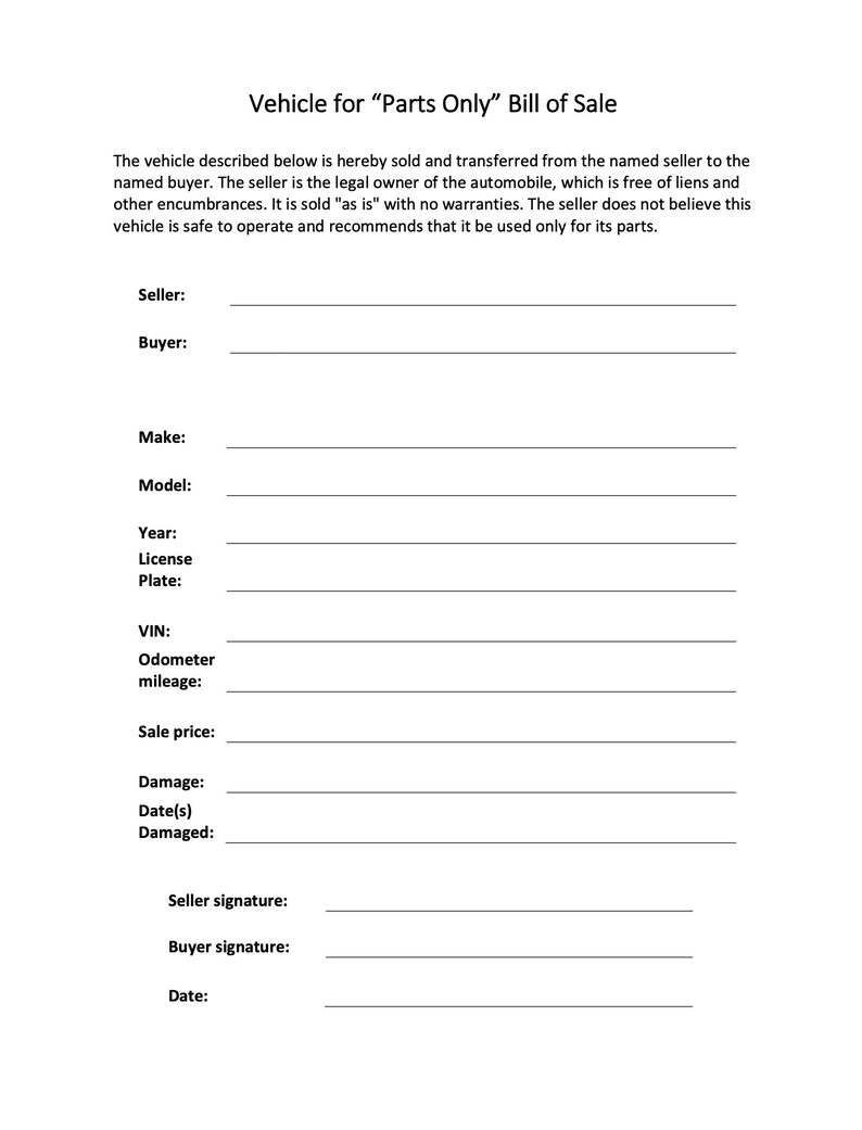 Motor Vehicle for Parts Bill of Sale Breaking Non Runner Car Sale ...