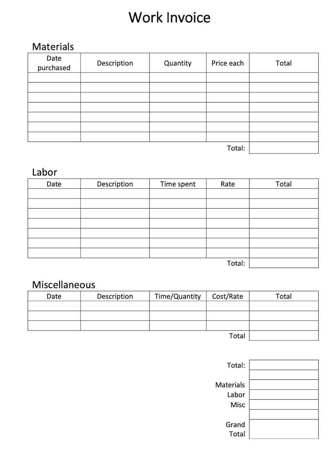 Work Labour Invoice Employee Work Invoice Template Proof of Work Hours ...