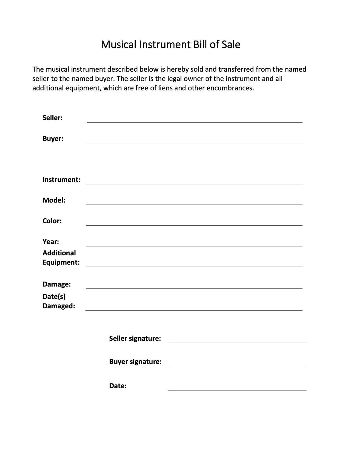 Musical Instrument Bill of Sale Guitar Drums Piano Keyboard Sale ...